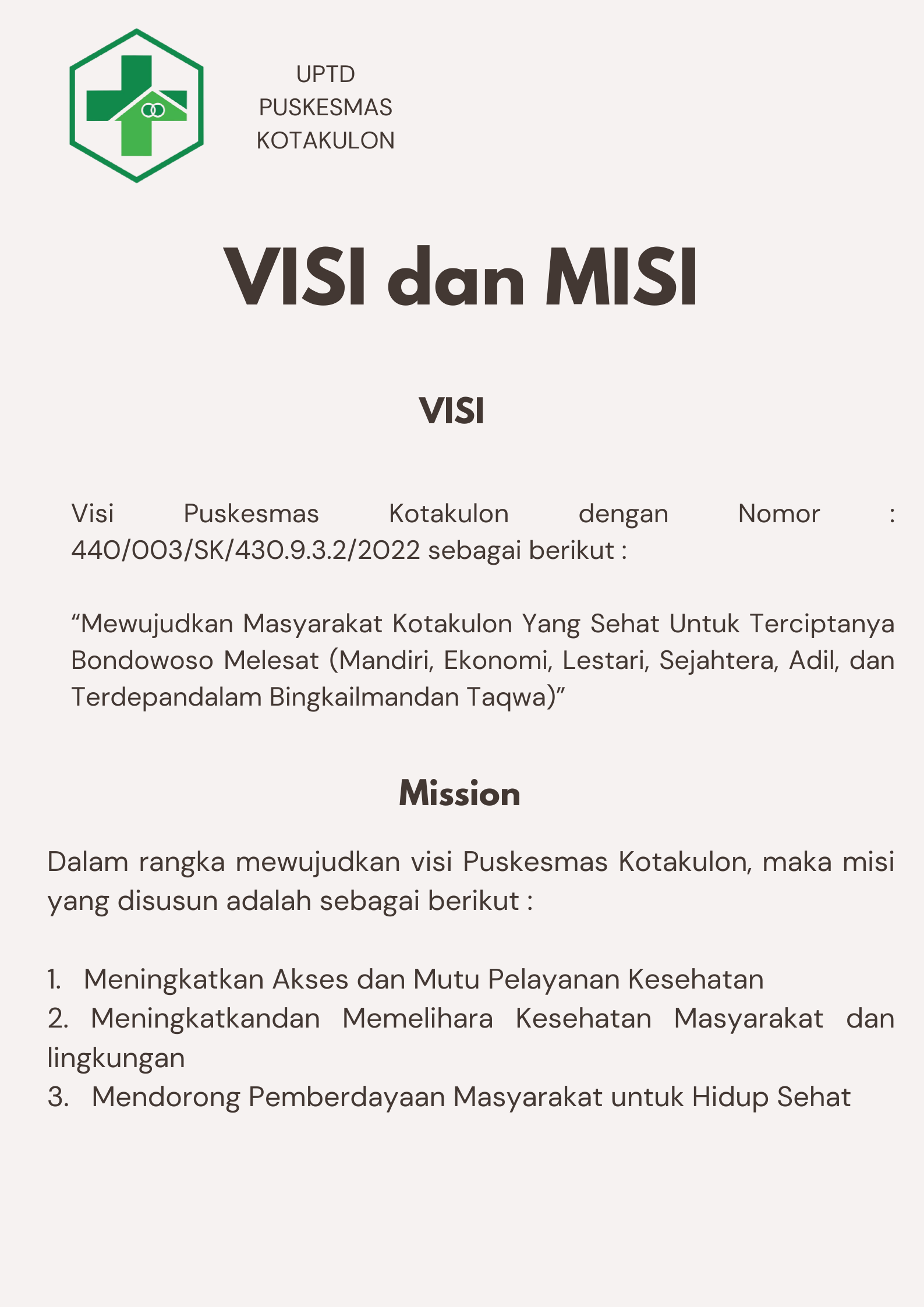 VISI DAN MISI UPTD PUSKESMAS KOTAKULON - UPTD PUSKESMAS KOTAKULON Kab. Bondowoso